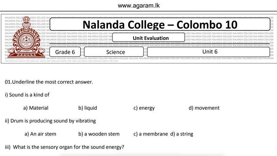 Nalanda College Unit Test Papers Grade 6