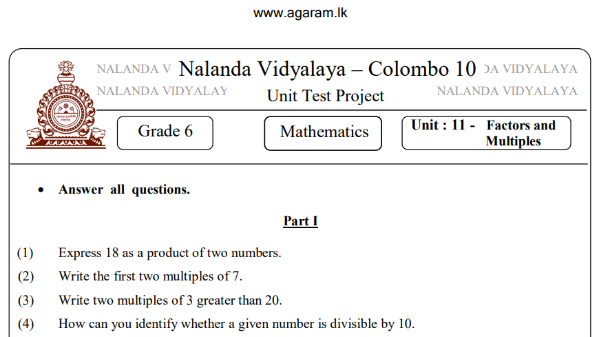 Nalanda College Unit Test Papers Grade 6